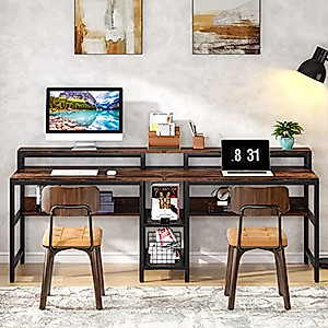 Tribesigns Two Person Desk with Storage Shelf, Double Computer Desk with Hutch, 78.7 Long Office Desk Double Workstation Study Writing Table for Home Office, Rustic Brown