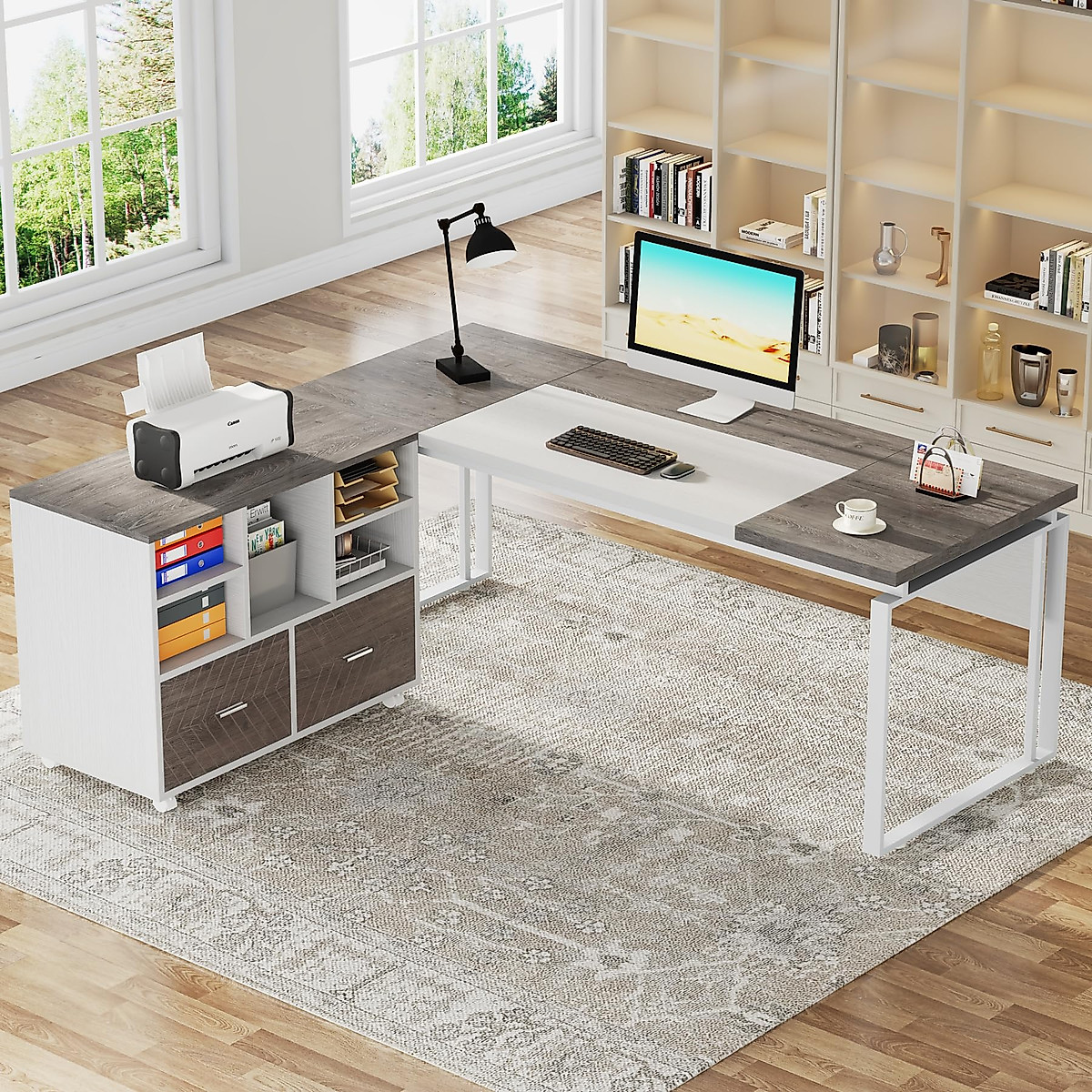 Tribesigns L-Shaped Executive Desk with Reversible File Cabinet, 63" Office Desk with Storage Drawers, L-Shaped Computer Desk with Drawer Cabinet for Hanging Letter Size Files,Gray & White