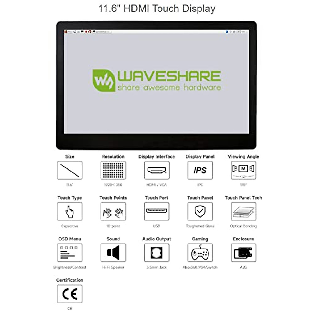 Waveshare 11.6inch IPS Capacitive Touch Screen LCD 1920×1080 HDMI Display with Toughened Glass Cover Compatible with Raspberry Pi Jetson Nano and BB Black Use as Computer Monitor