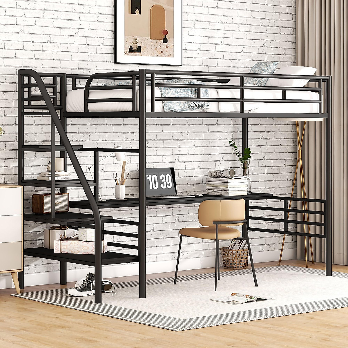 Harper & Bright Designs Metal Twin Loft Bed with Desk, Twin Size Loft Bed with Stairs and Workstation Desk for Kids Teens, Space Saving Metal Loft Bed Frame,No Box Spring Needed, Black