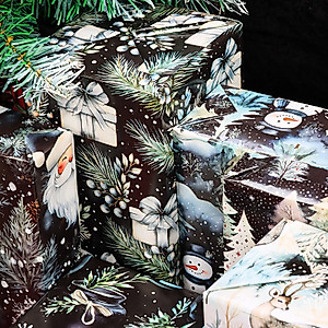 Vnaaem Black Christmas Wrapping Paper 6 Watercolor Xmas Style Gift Wrapping Paper Bulk Santa Snowman Christmas Trees and Reindeer Designs Folded Flat for Winter Holiday - 20 X 28Inches Per Sheet(6 Pack)