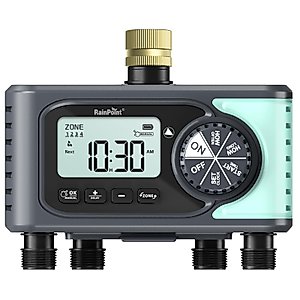 RAINPOINT Sprinkler Timer, 4 Outlets Hose Timer with Brass Inlet, Water Timer with Rain Delay/Manual/Automatic Timed Controller System, Programmable Digital Irrigation Timer for Lawn Yard, 4 Zone
