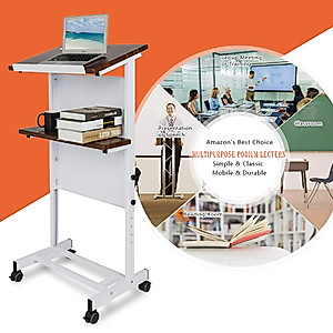 Bonnlo Mobile Stand Up Lectern Height Adjustable Podium with Wheels, Portable Heavy Duty Desk, Church Pulpit or Ceremony, Classroom Lecture Speech Teach Platform, Walnut Tabletop and White Steel Frame