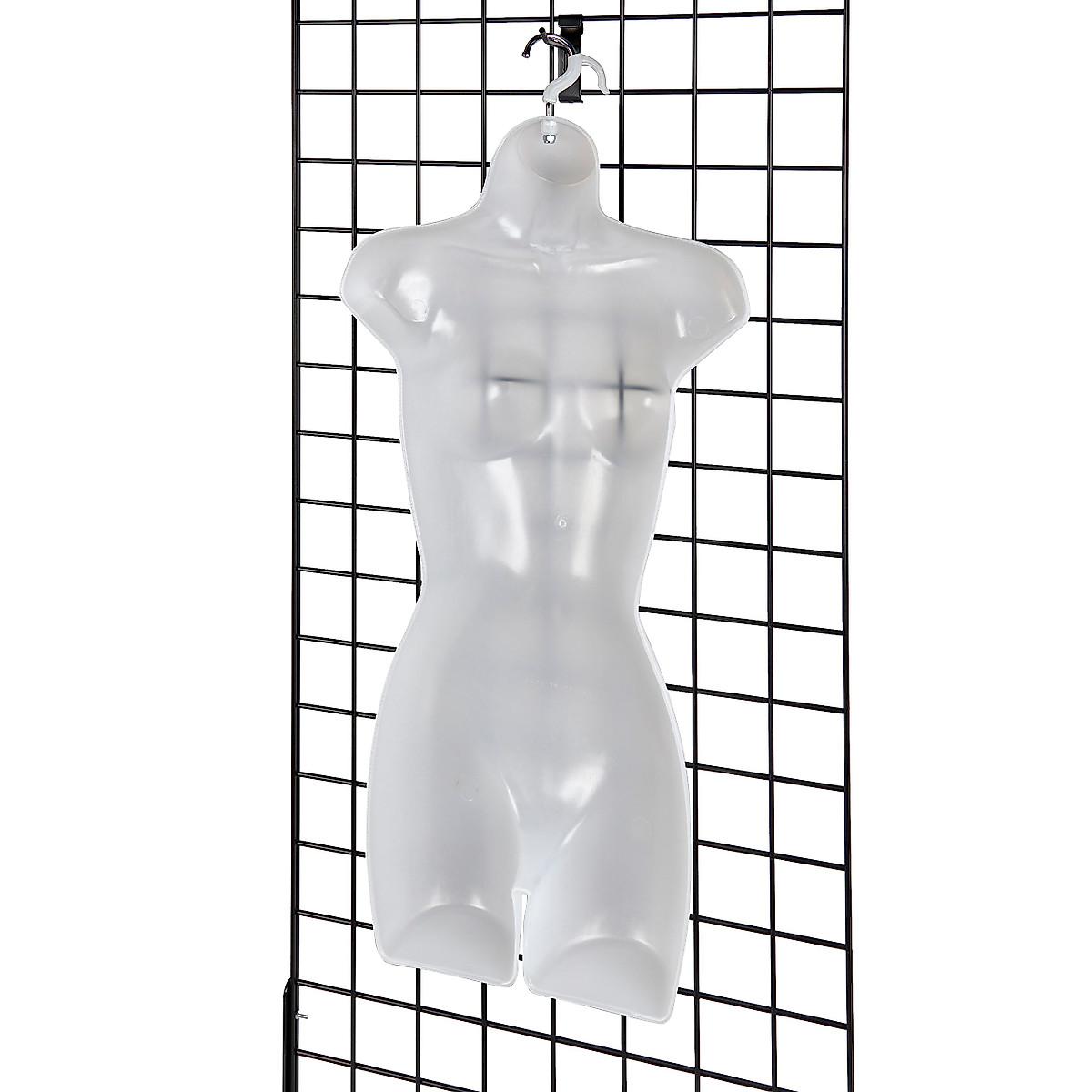 SSWBasics Female Molded Shatterproof Frosted Shapely Torso Form with Hook - Fits Women's Sizes 5-10 - Hanging Fashion Form Mannequin to Display Top and Bottom Merchandise