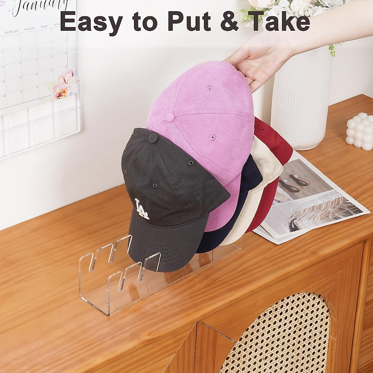 PYOF 2024 New Hat Stand for Baseball Caps - 2 Pack Hat Organizer for 14 Baseball Caps No Install Hat Storage Display Rack Acrylic Hat Holder for Closet, Bedroom, Dresser, Entrance (Clear)