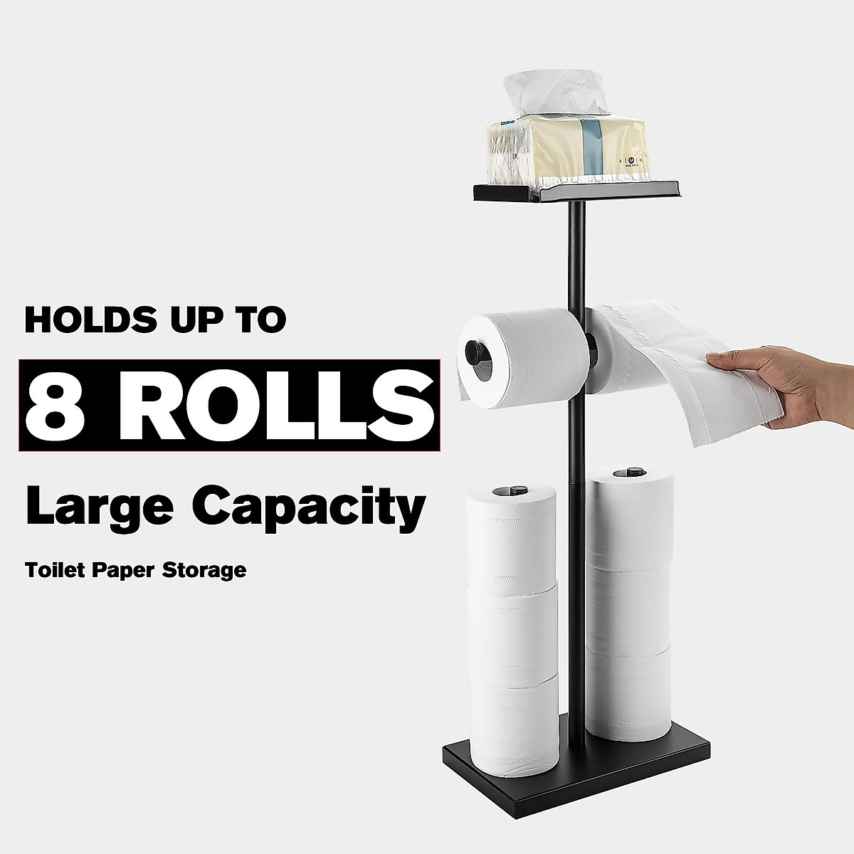 Standing Toilet Paper Holder, Free-Standing Toilet Paper Stand for 8 Mega Rolls, Metal Tissue Storage Shelf for Bathroom