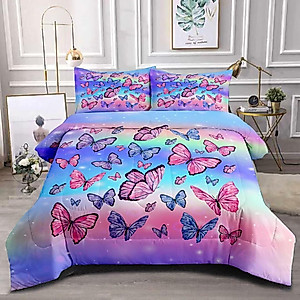 GRAT TIOC Girls Rainbow Butterfly Comforter Set Twin Size,Teen Girls Butterfly Bedding Set,Glitter Butterfly Bed Set Soft Lightweight Microfiber Bedroom Decorations with 2 Pillowcases