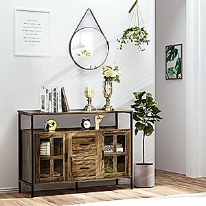 HOMCOM Industrial Sideboard Buffet Cabinet, Coffee Bar Cabinet with Adjustable Shelves, Glass Doors, and 2 Drawers for Kitchen, Living Room, Brown