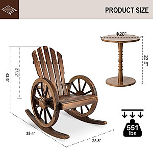 FURNDOOR Wooden Wagon Wheel Rocking Chair Set, 3PCS Outdoor Rocking Bistro Set Rustic Rocker with Coffee Table for Backyard Porch Poolside Lawn
