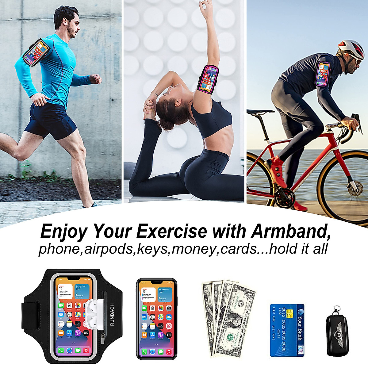 RUNBACH Running Armband for Google Pixel 8/8 Pro/7/7a/7 Pro/6/6a/6 Pro/5/5a/4/4a/4XL/3a/3 XL,Water Resistant Sport Armband with Zipper Slot for Pixel Buds and Car Key (Black)