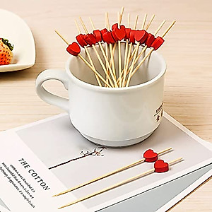 100pcs Red Heart Cocktail Picks 4.7" Long Fruit Sticks Food Toothpicks Sandwich Appetizer Charcuterie Skewers, Handmade of Bamboo Wood, for Birthday, Wedding, Valentines Day Decoration Party Supplies