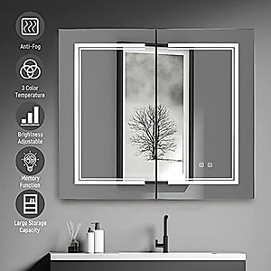 FCH Bathroom Medicine Cabinet with Dimmable LED Mirror, 32"×28" Anti-Fog LED Lighted Mirror Bathroom Cabinet Wall Mounted with 2 Outlets 2 USB Ports 2 Inside and Outside Mirror Doors