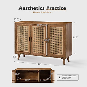 HULALA HOME Accent Storage Cabinet with 3 Natural Rattan Doors & Wood Legs, 2-Tier Shelf Sideboard Buffet Cabinet, Cupboard Console Table for Living Room, Entryway, Dining Room, Hallway (Walnut)