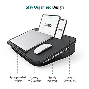 Portable Laptop Lap Desk with Pillow Cushion, Fits up to 17 inch Laptop, Laptop Stand with Device Ledge and Phone Holder, for Home Office, Black, ISTUDYNITURE
