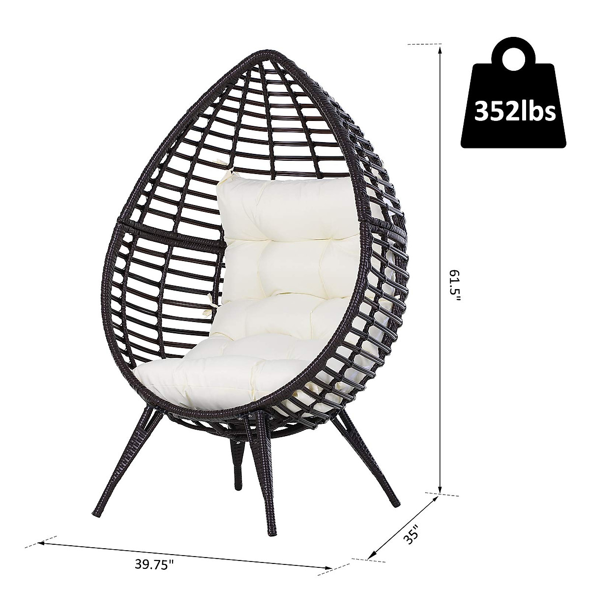 Outsunny Patio Wicker Egg Chair w/Soft Cushion, Teardrop Cuddle Seat, Outdoor/Indoor Patio Chair, PE Plastic Rattan Furniture with Adjustable Height Feet Pads, Beige