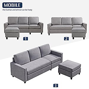 JY QAQA Convertible Sectional Sofa Couch,78’’ L-Shaped Couch with Modern Linen Fabric 3-Seat Wide Reversible Chaise for Small Space(Light Grey)