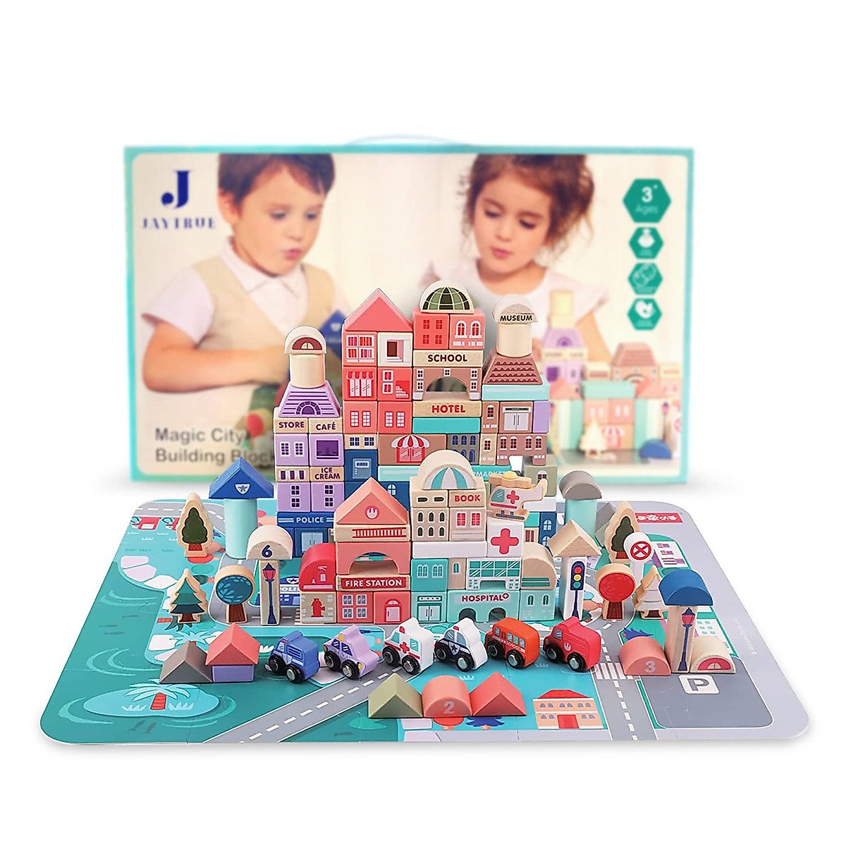Jaytrue 115pc Montessori Wooden Building Block Set for Kids & Toddlers - Fun & Educational
