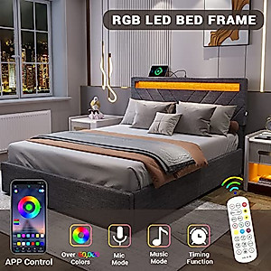 ADORNEVE Queen Bed Frame with 4 Drawers, LED Bed Frame with 2 USB Charging Station, Upholstered Platform Bed with Storage & LED Lights Headboard, No Box Spring Needed, Easy Assembly, Dark Grey