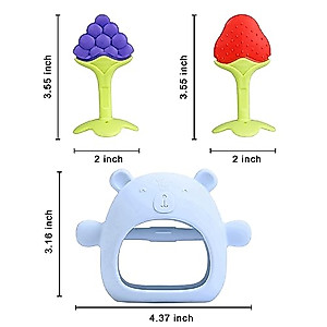 Baby Teething Toys, 3 PCS Teethers Set for 0-6, 3-6 Months & 6-12 Months, Baby Essentials, Infant Toys, Baby Chew Toys Set Food Grade Silicone, Bear Shape Teething Toy Fruit Shape Teether Set