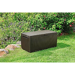 Keter Springwood 80 Gallon Resin Outdoor Storage Box for Patio Furniture Cushions, Pool Toys, and Garden Tools with Handles