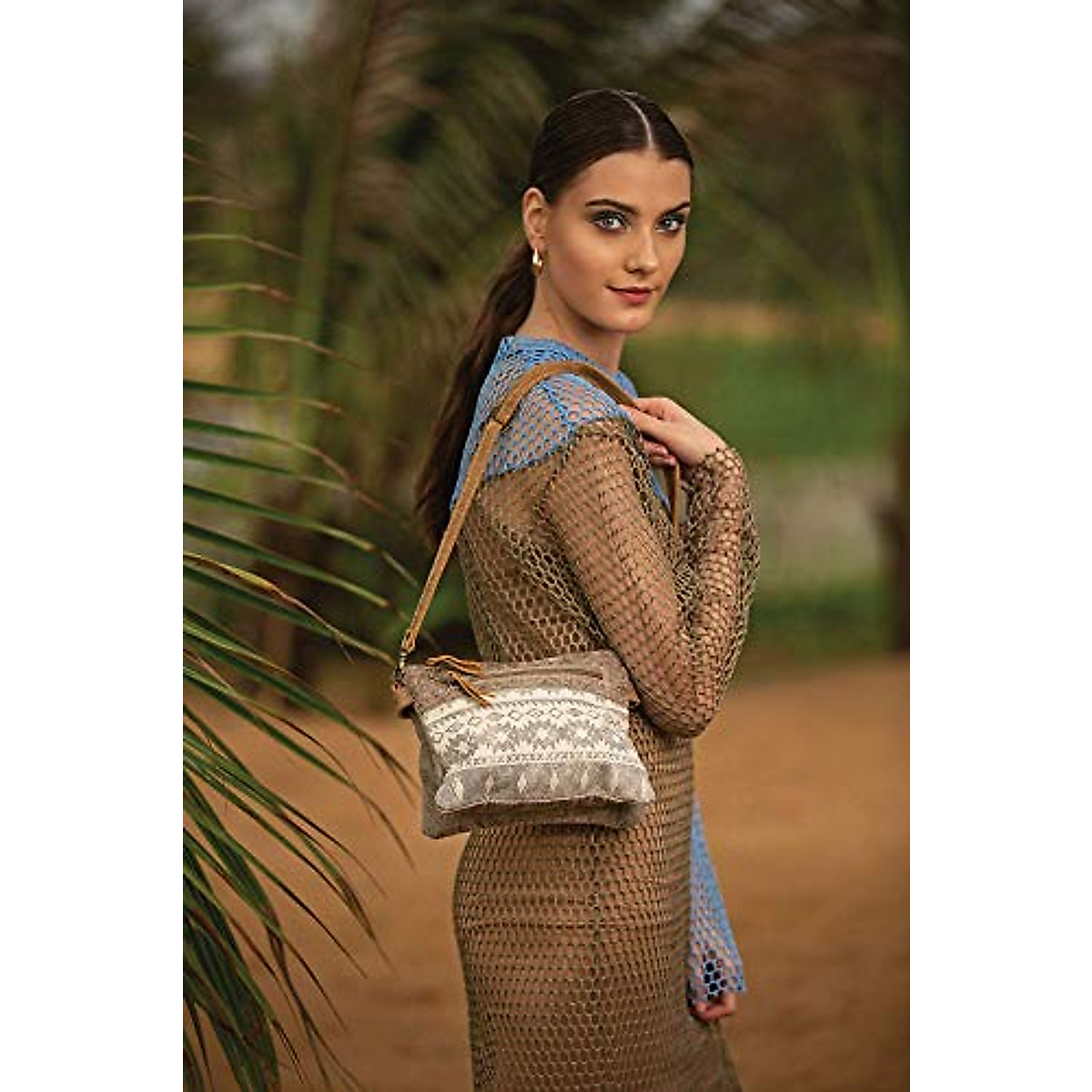 Myra Bag Floral Upcycled Canvas & Cowhide Leather Small Crossbody Bag S-1219