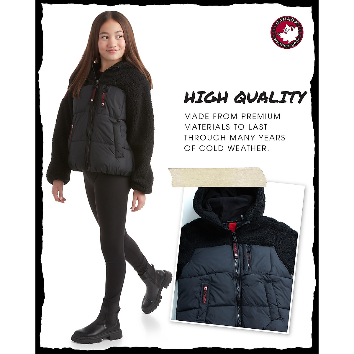 CANADA WEATHER GEAR Girls' Jacket - Sherpa Lined Puffer Coat with Hood (Size: 4-16), Size 7-8, Black