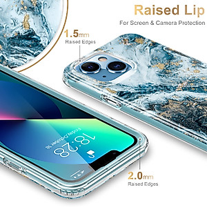 Esdot for iPhone 13 Mini Case with Built-in Screen Protector,Military Grade Rugged Cover with Fashionable Designs for Women Girls,Protective Phone Case 5.4" Opal Marble Teal