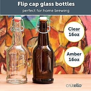 Crutello 16 Ounce Clear Glass Flip Top Beer Bottles for Brewing - Beer, Kombucha, Soda, Juice - 12 Pack Glass Bottle for Fermentation, Storage, Drinking - A Family-Owned American Brand