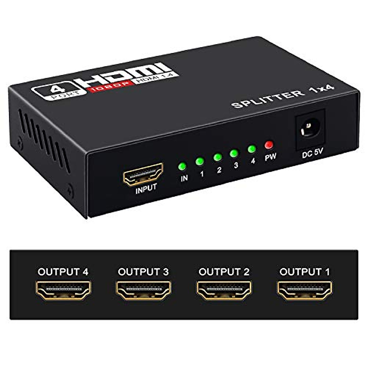 HDMI Splitter 1 in 4 Out -4K Hdmi Splitter 1x4 Ports v1.4 Powered 4K/2K Full Ultra HD 1080p US Adapter 3D Support