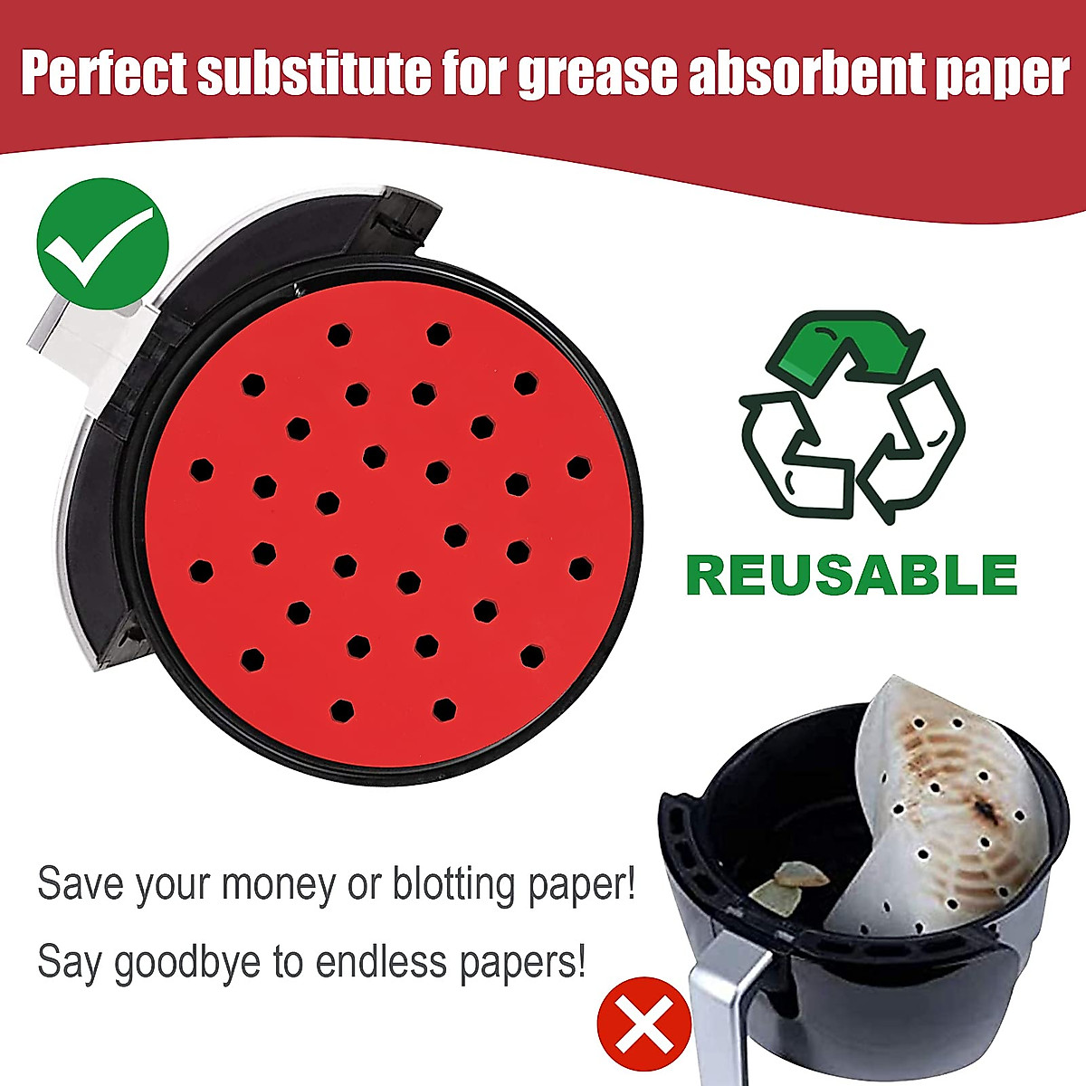 Retexal Kitchen Reusable air fryer silicone liners 4 Pack Air Fryer Heat Resistant and Food Safe-9" Square