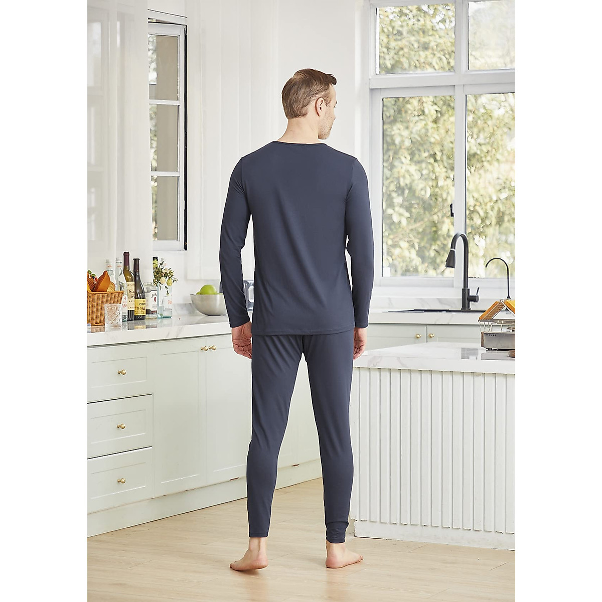 YIMANIE Men's Thermal Underwear Set Long Johns Ultra Soft Top and Bottom Fleece Lined Base Layer Set for Cold Weather Blue