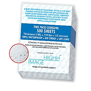 Waterproof Paper | 500 Sheets Bulk Pack Non-Tear Paper for Laser Printers 5 MIL 110 LB, Synthetic Double Sided Paper, 8.5X11 from HIGHH IMAGE | Print with Laser Printers