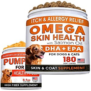 Fish Oil Omega 3 + Pumpkin for Dogs Bundle - Allergy and Itch Relief + Upset Stomach - Omega 6 9 - EPA & DHA + Pure Pumpkin Powder - Skin and Coat Supplement + Digestion - 180ct + 8.1oz - Made in USA