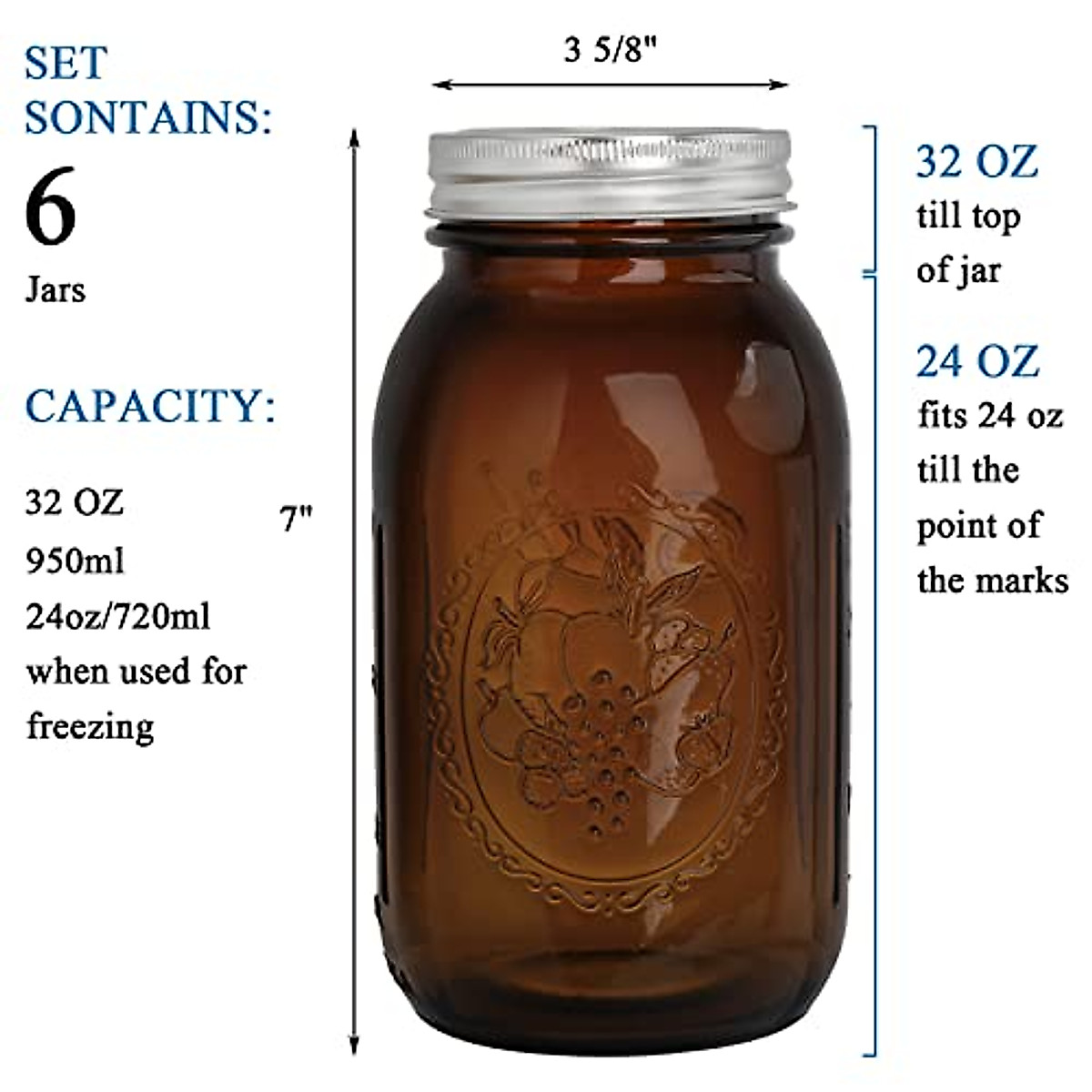 Tebery 6 Pack Amber Regular Mouth Quart Mason Jars, 32oz Canning Glass Jars with Airtight lids and Bands