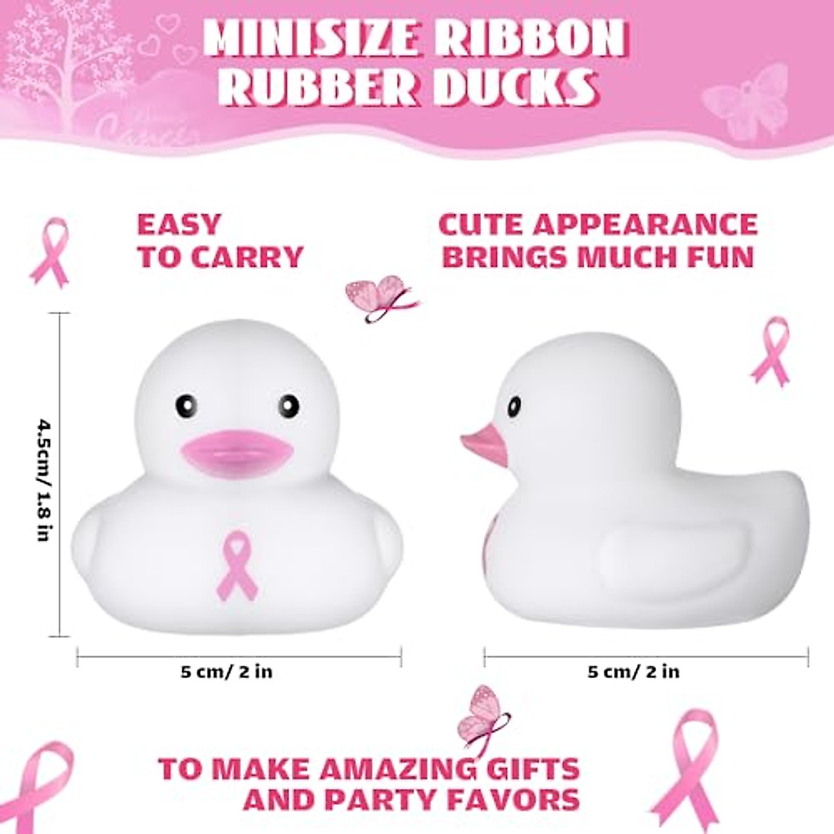 Libima 2 Inch Breast Cancer Awareness Rubber Ducks Bulk White Float Rubber Ducks Mini Rubber Ducks Bath Toy for Bath Baby Shower Birthday Gifts Breast Cancer Party Favors (48 Pcs)