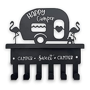 Camper Key Holder for Wall Decorative, Camping Decor, Camper Accessories for Travel Trailers, Metal Key Rack Hanger with Shelf and 6 Hooks, Camper Gifts, Rustic RV storage and organization for Wall