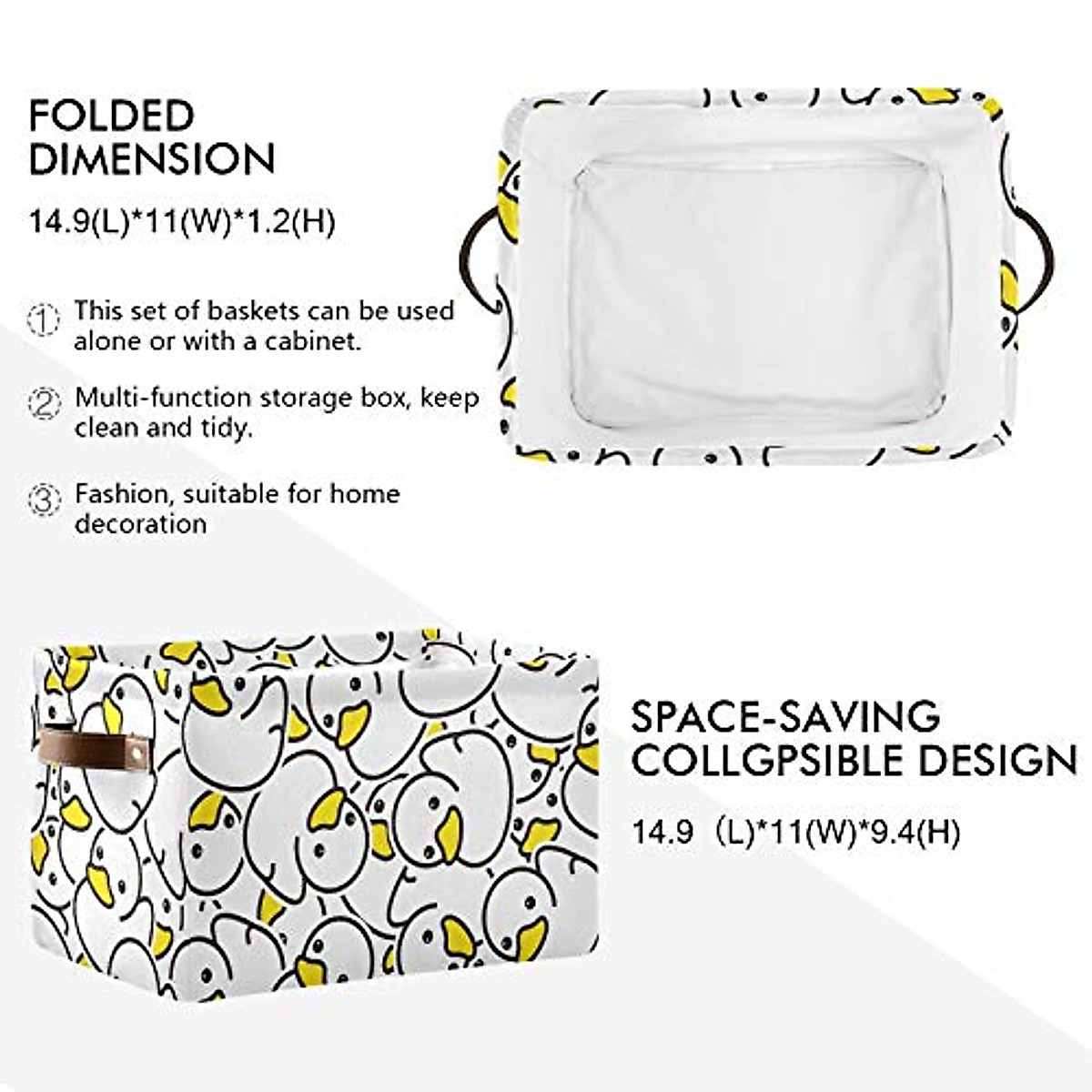 KLL Storage Bins Large Foldable Rubber White Ducky Storage Basket with Leather Handles for Home Office Closet or Shelves