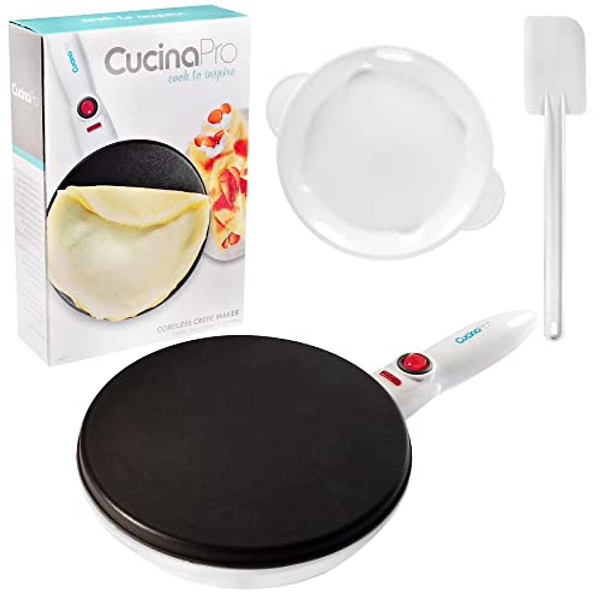 CucinaPro Cordless Crepe Maker - FREE Recipe Guide, Non Stick Dipping Plate plus Electric Base and Batter Spatula, Portable and Compact Baker, Unique Homemade Easter Morning Breakfast Treat or Gift