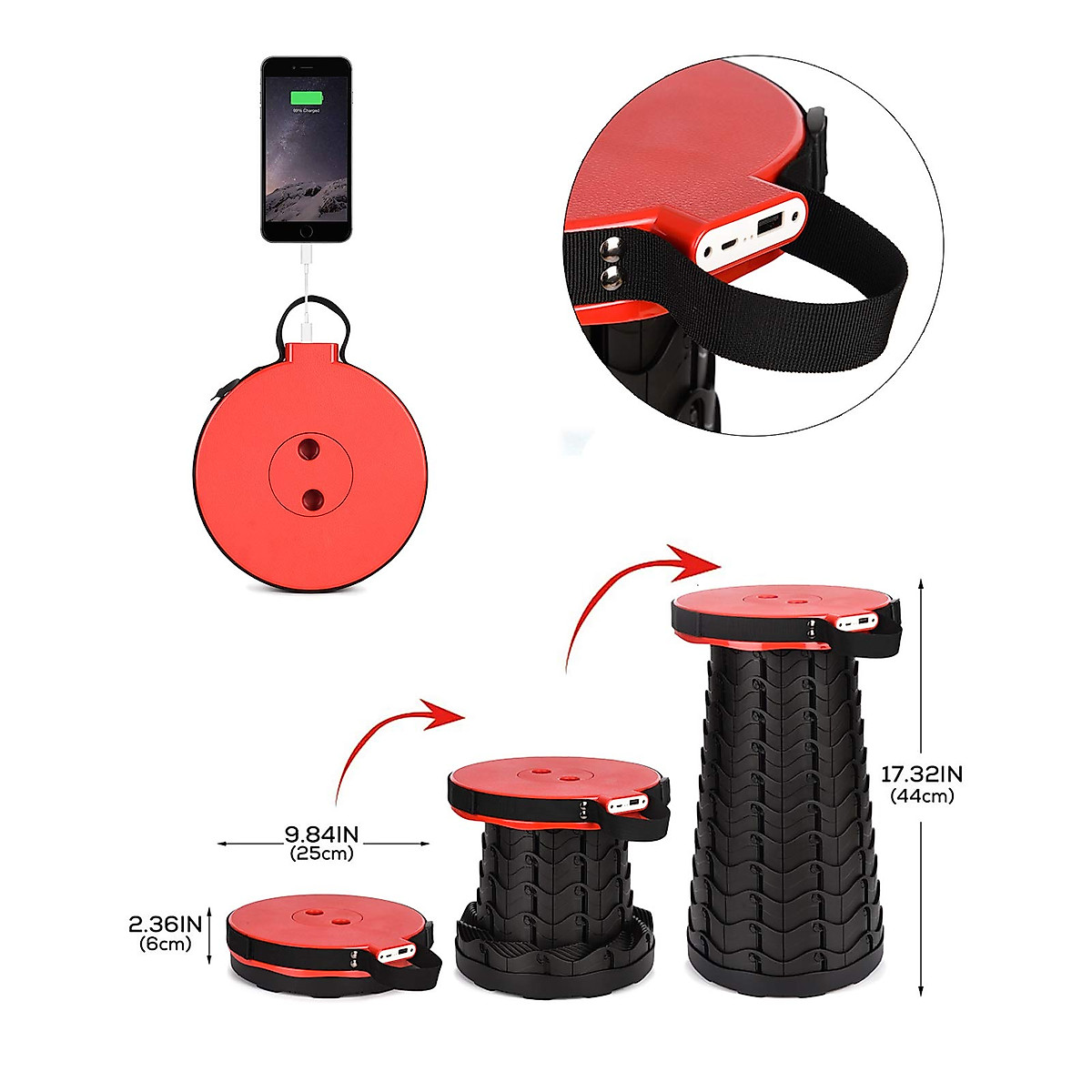 Arcwares Portable Charging Stool with Power Bank and USB Nightlight, Collapsible Retractable Folding Camping Stool Seat for Indoor Outdoor, 4400 mAh Charger for iPhone Android