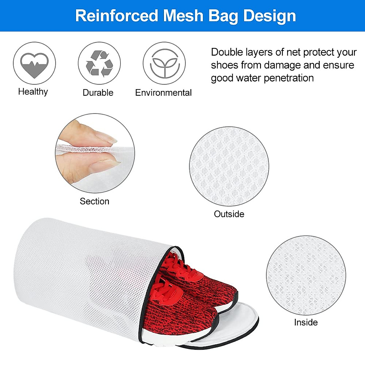 Vivifying Shoe Washing Machine Bag, 2Pack Double Layer Mesh Shoe Laundry Bags with Zipper for Sneakers, Running Shoes, Sock, Bras and Toys (7x14Inches)