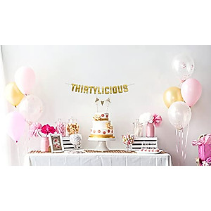 Thirtylicious Gold Glitter Banner - Happy 30th Birthday Party Banner - 30th Wedding Anniversary Decorations - Milestone Birthday Party Decorations