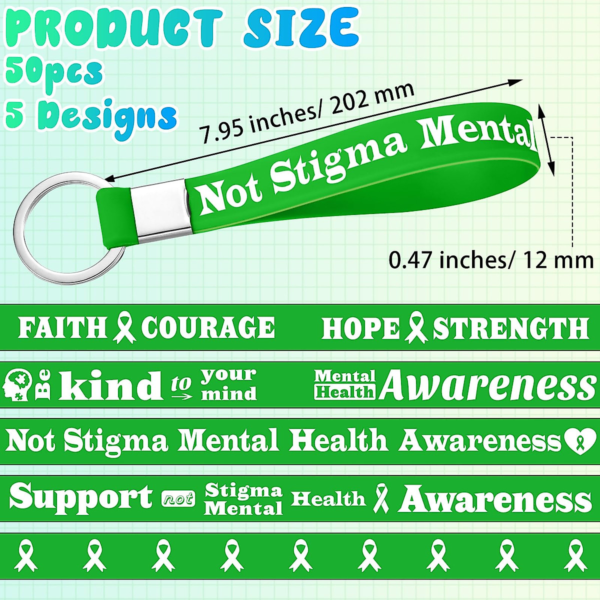 Blueweenly 100 Pcs Mental Health Awareness Silicone Keychains Gifts Green Awareness Ribbon Keychain Green Mental Faith Courage Hope Keychains for Adult Man Woman Gifts