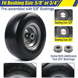 LotFancy 11x4.00-5” Lawn Mower Tire on Wheel, Flat Free, 5/8" or 3/4" Bushings, 3.4"-4"-4.5"-5" Centered Hub, Smooth Tread Tire for Zero Turn Mowers