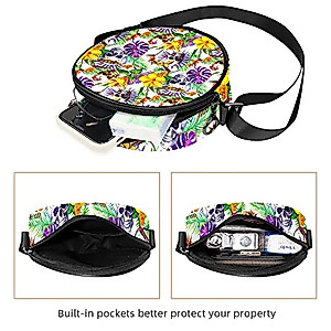 Funny Skull with Leaves Crossbody Bag for Women Teen Girls Round Canvas Shoulder Bag Purse Tote Handbag Bag