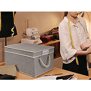LoforHoney Home Fabric Storage Bins with Lids for Organizing, Foldable Storage Boxes with Lids for Shelves, Clothes Baskets with Cotton Rope Handles, Closet Storage Bins, Large, Light Gray, 2-Pack