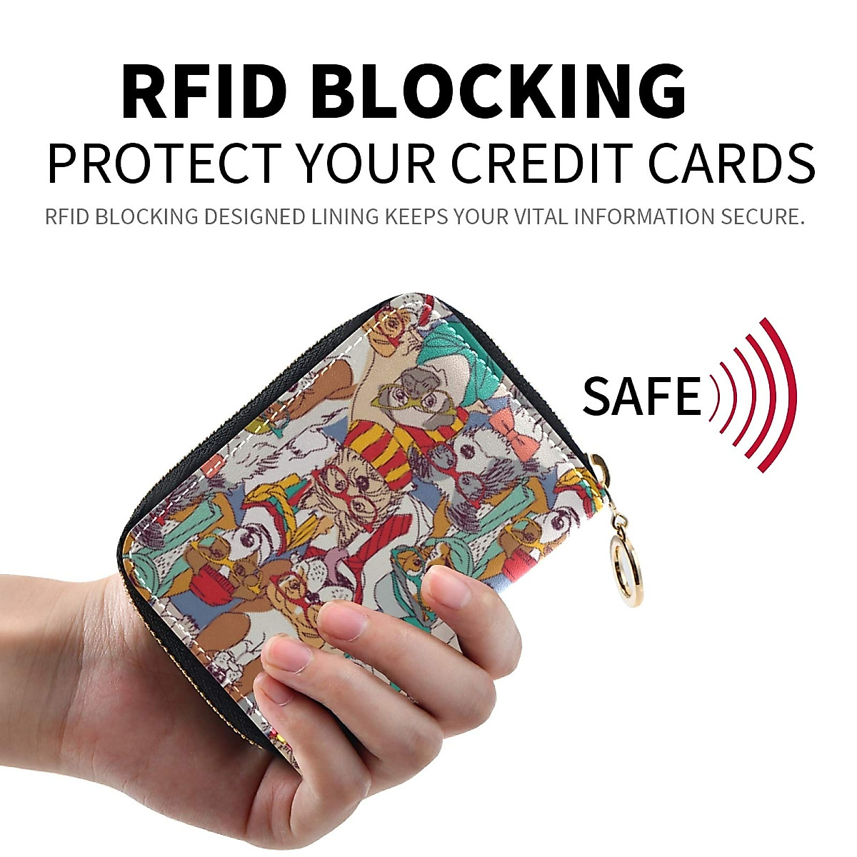 MOYYO RFID Credit Card Holder Case Fashion Hipster Cute Dog Leather Printed Zipper Card Case Wallet for Women Girls