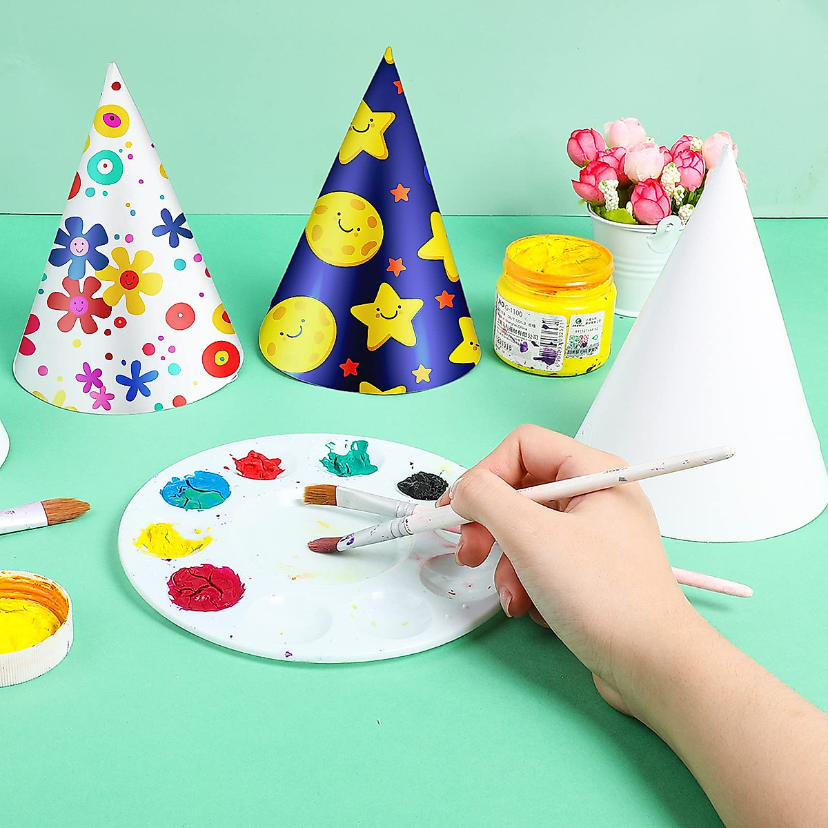 60 Pieces White Party Cone Hats Party Paper Cone Hats White Party Paper Hats for Adults DIY Art Craft Birthday Party Supplies, 6.5 x 4.1 Inch