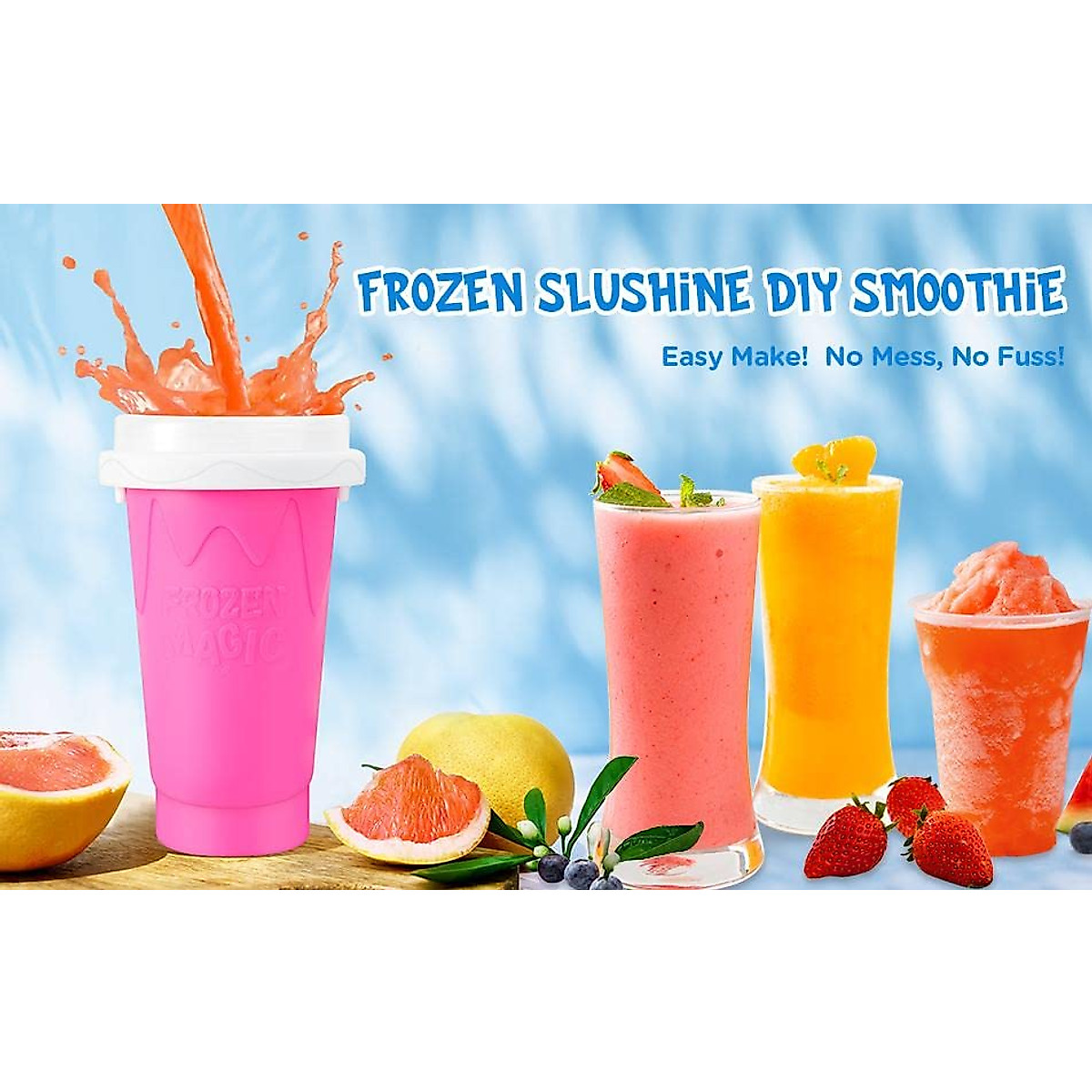 Slushy Cup – 10.6 x 20.6 cm Slushy Maker Cup with Lids & 2 in 1 Straw and Spoon – Quick Ice Maker Cup for Kids & Adults, Summer Homemade DIY Smoothies Slushy Maker Cup - 400 ml (Blue)