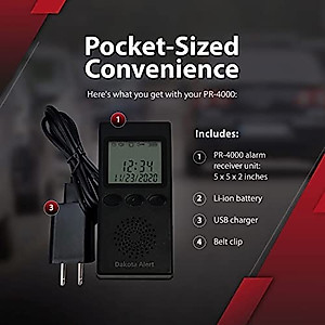 Wireless Driveway Alarm Portable Receiver PR-4000 - Compatible with Dakota Alert 4000 Transmitters | Battery-Powered Monitor Comes with USB Charger & Belt Clip, Driveway Alarms Wireless