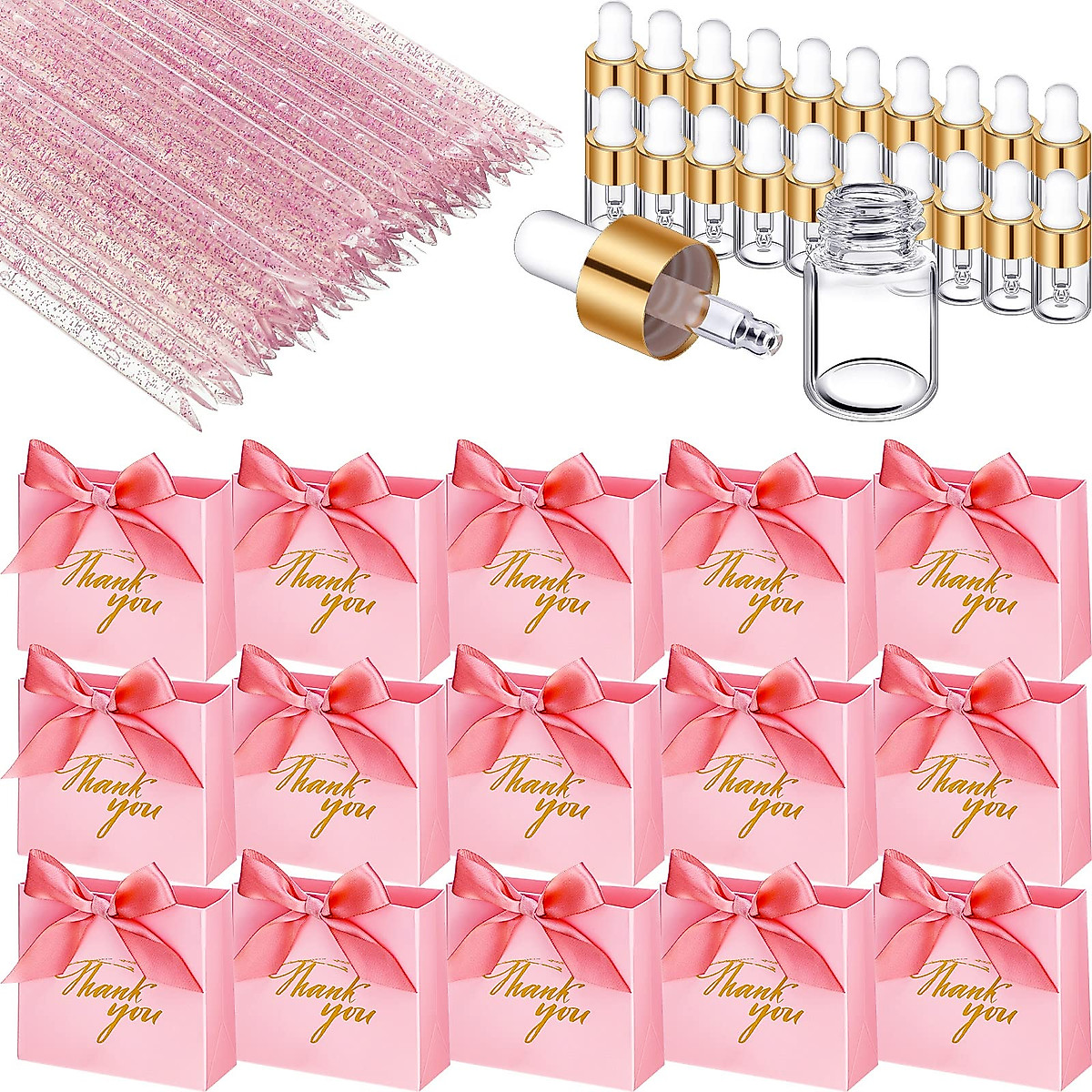 20 Pack Mini Pink Thank You Gift Bags, 20 Pcs Glass Oil Dropper Vail 2 ml 20 Pcs Disposable Nail Stick Cuticle Pusher Pink Goodie Bags for Wedding Baby Shower Party Favors